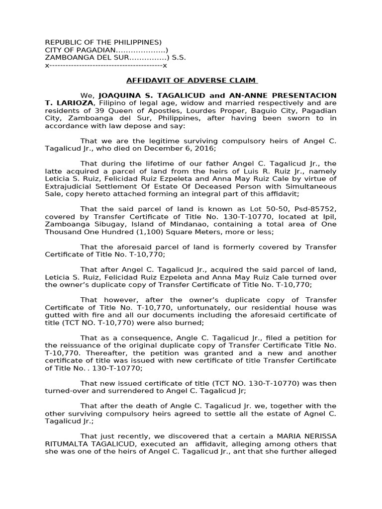 Adverse Claim Tagalicud | PDF | Affidavit | Justice