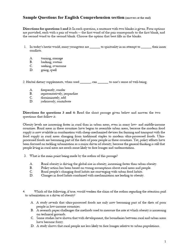 English Comprehension Practice Questions | PDF | Obesity | Nutrition