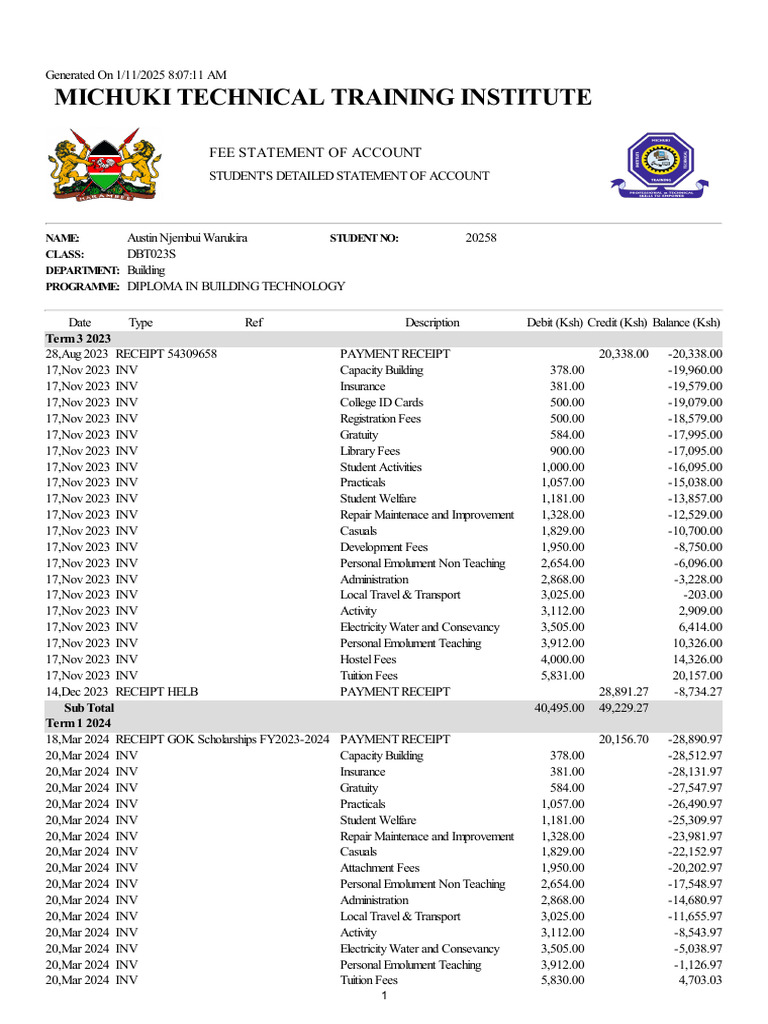 Michuki Technical Institute Fee Statement | PDF | Business | Banking ...