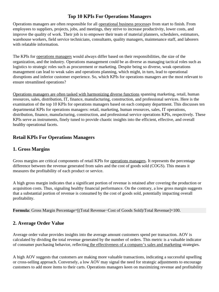 Top 10 KPIs For Operations Managers | PDF | Performance Indicator ...