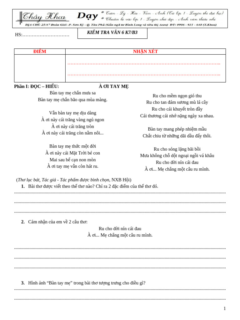 NV6.K6.B3.À ơi tay mẹ | PDF