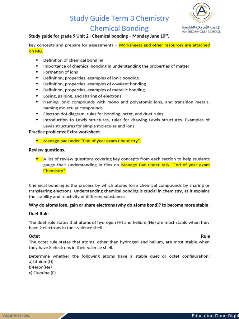 Study Guide Grade 9 Chemistry | PDF | Chemical Bond | Ion