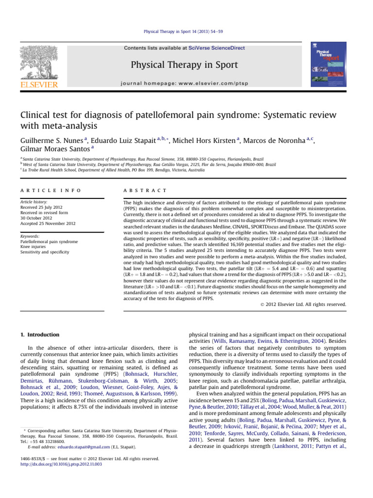 Special Tests for Patellofemoral Pain | PDF | Medicine | Clinical Medicine