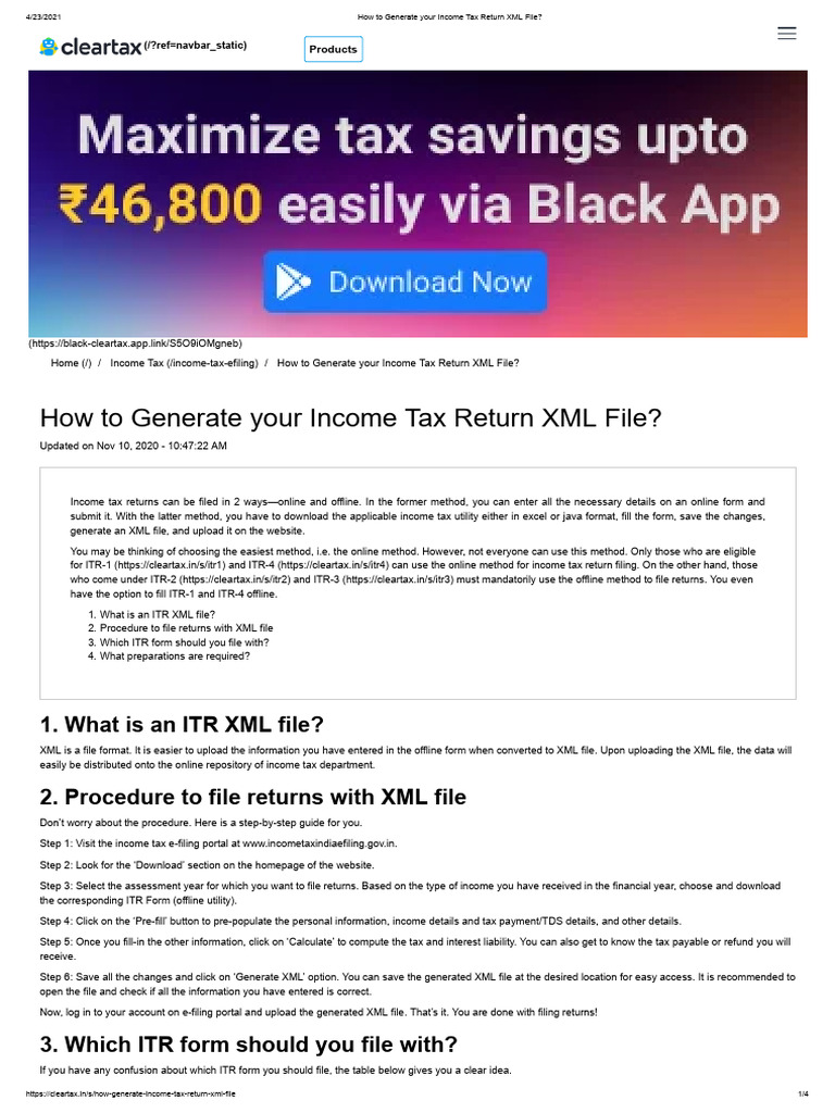 Generate Income Tax Return XML Guide | PDF | Payments | Government Finances
