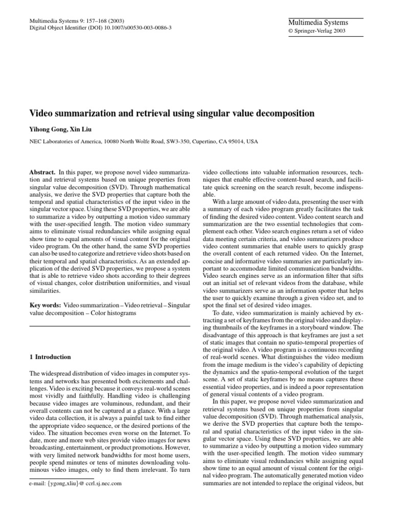 Video Summarization and Retrieval Using Singular Value Decomposition | PDF | Matrix (Mathematics ...