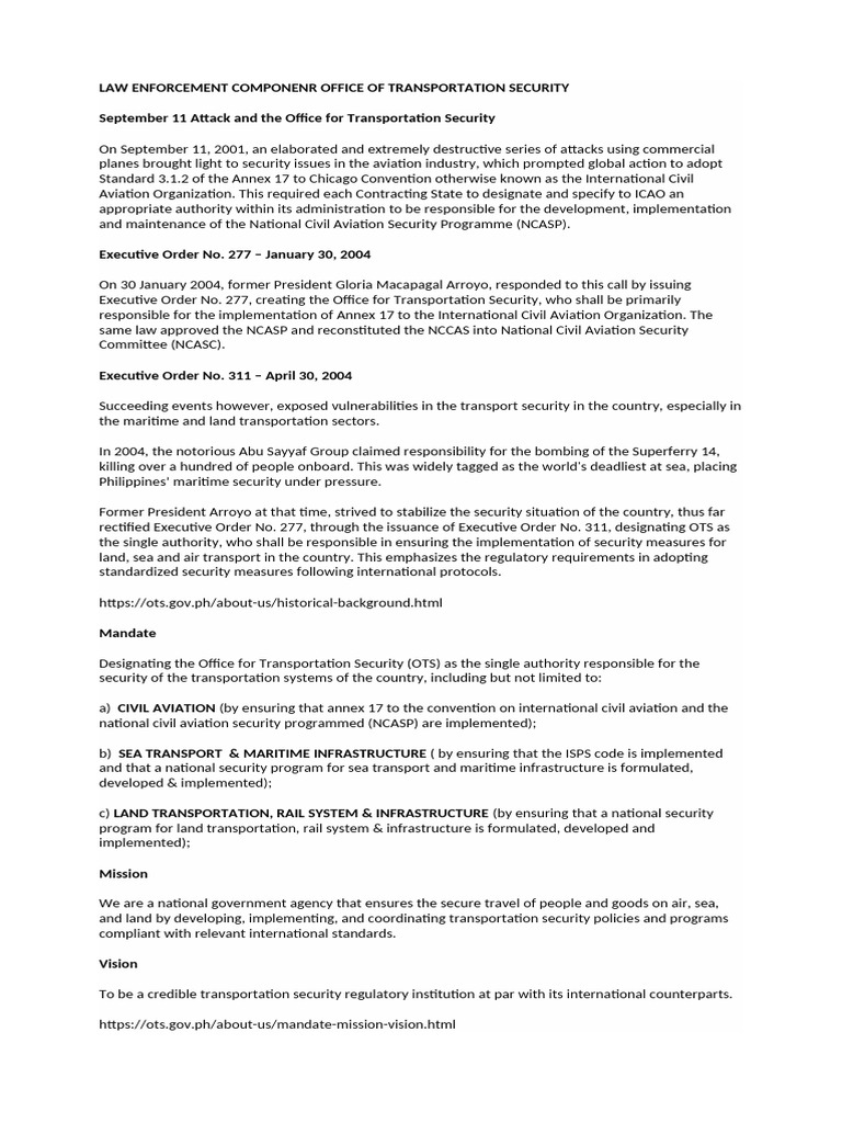 LAW ENFORCEMENT COMPONENT OFFICE OF TRANSPORTATION SECURITY | PDF ...