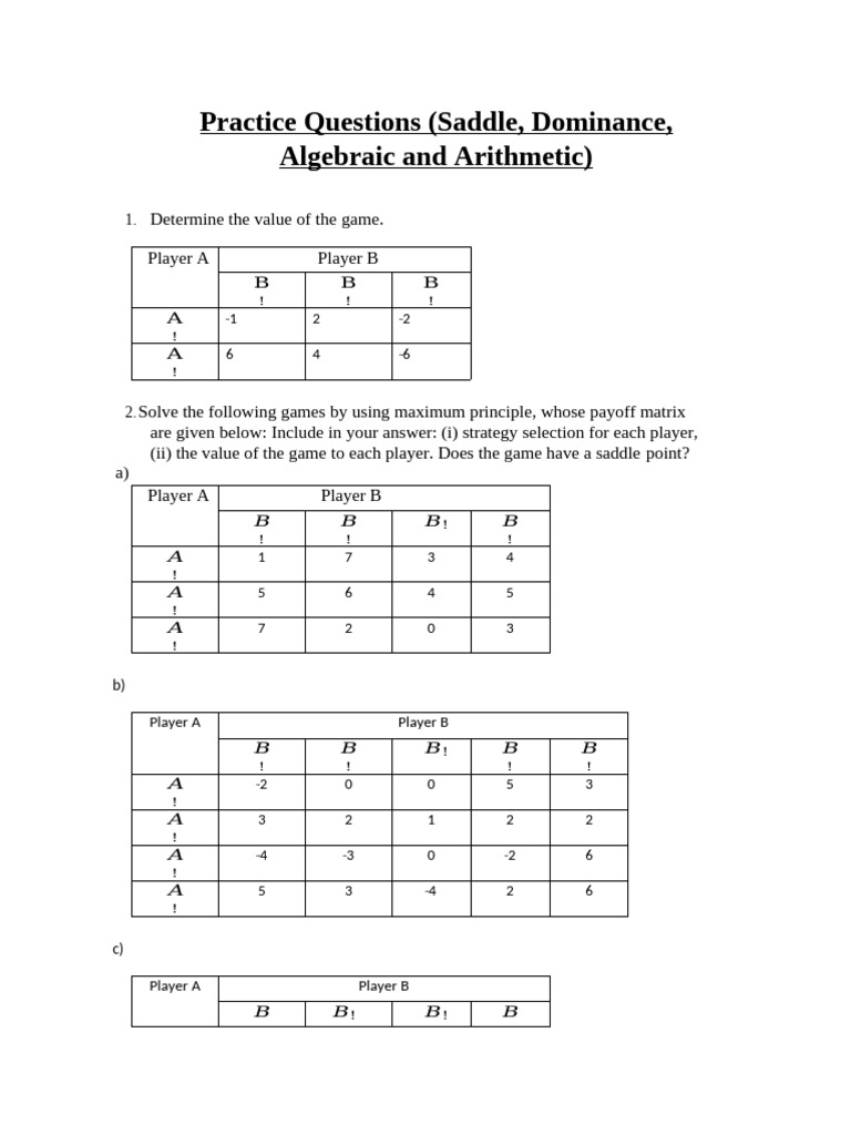 Practice Questions (Saddle, Dominance and 2x2) | PDF | Mathematics ...