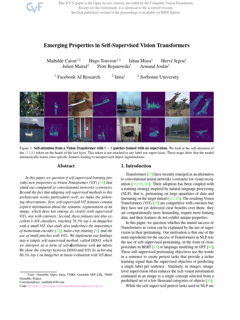 Caron Emerging Properties in Self-Supervised Vision Transformers ICCV 2021 Paper | PDF ...