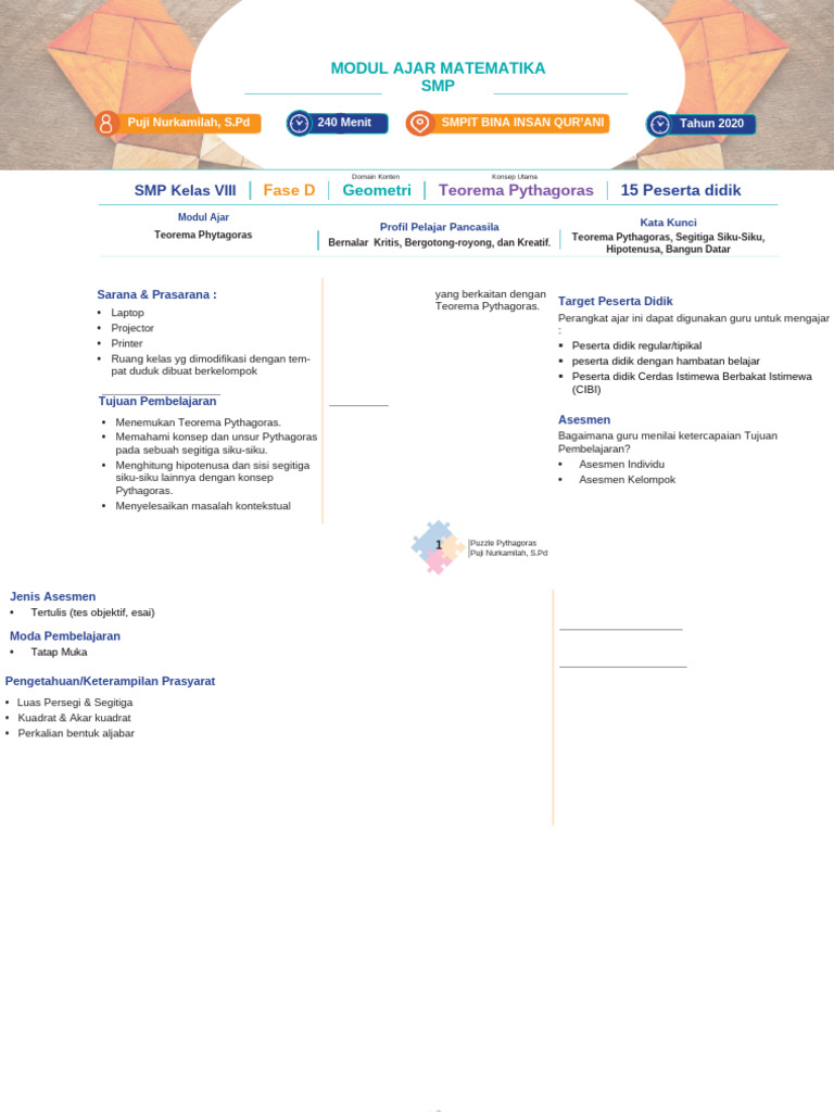 Modul Ajar Teorema Pythagoras SMP | PDF