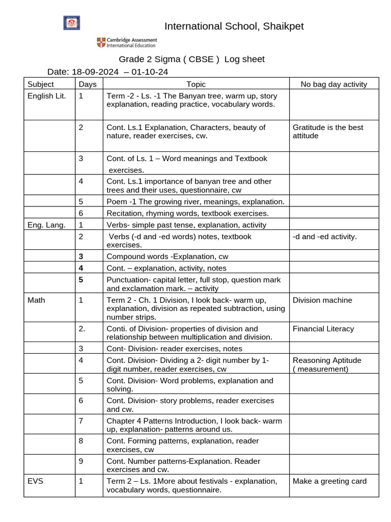2-Sigma (CBSE) 18th Sept. To 1st Oct.,2024 Log Sheet | PDF | Grammar ...