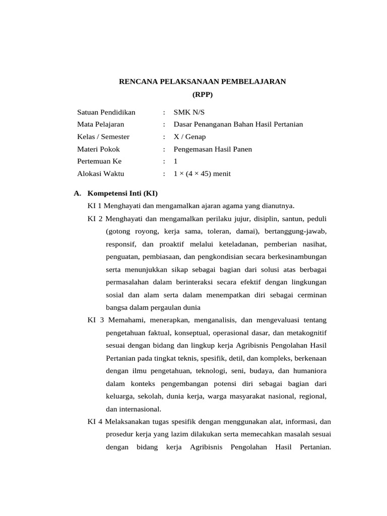 RPP 1.pengemasan Hasil Panen | PDF