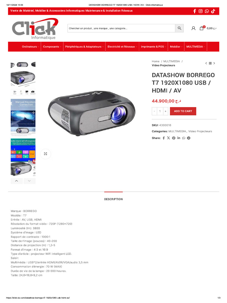 DATASHOW BORREGO T7 1920X1080 USB _ HDMI _ AV - Click informatique | PDF