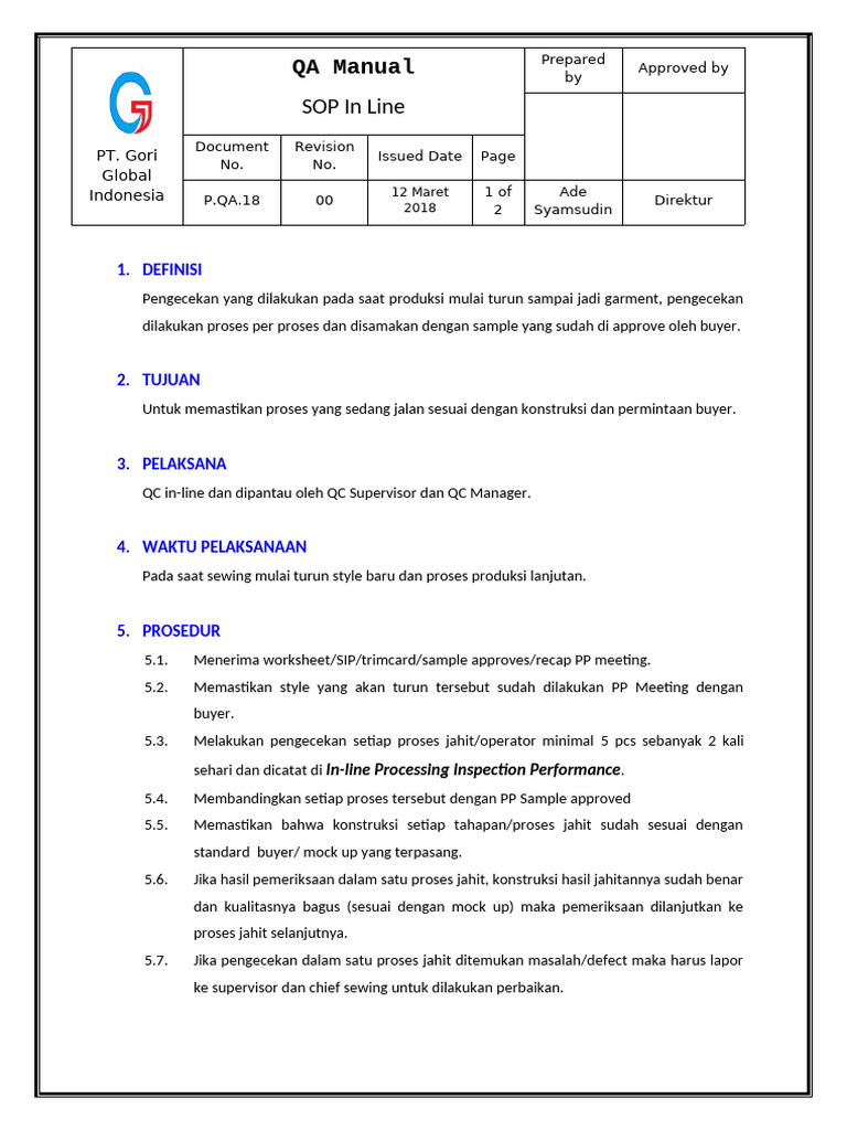 SOP in Line Inspection | PDF
