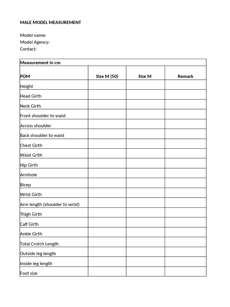 Model Measurement Sheet (Blank) 2 | PDF