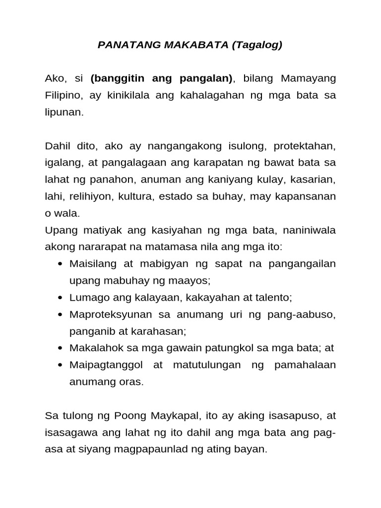 Panatang Makabata (Tagalog Ver.) | PDF