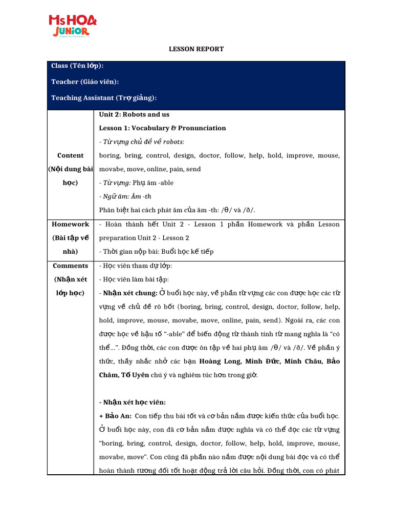 Lesson Report - U2-L1 - PF | PDF