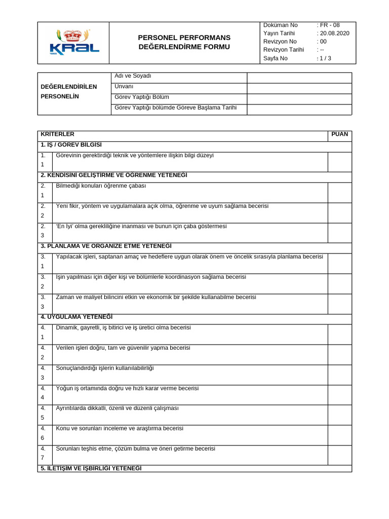 FR - 08 Personel Performans Değerlendirme Formu Rv1 | PDF