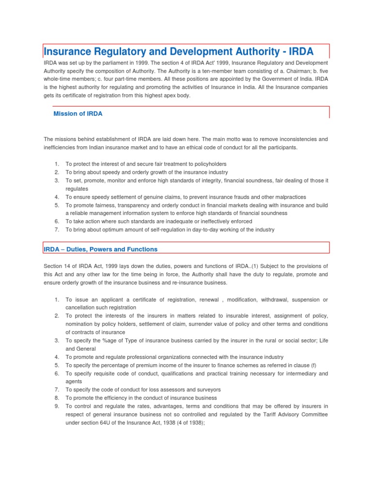 Insurance Regulatory and Development Authority | PDF | Insurance ...