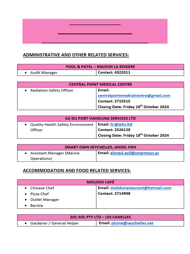 Seychelles Job Vacancies List 2024 | PDF | Waiting Staff | Chef