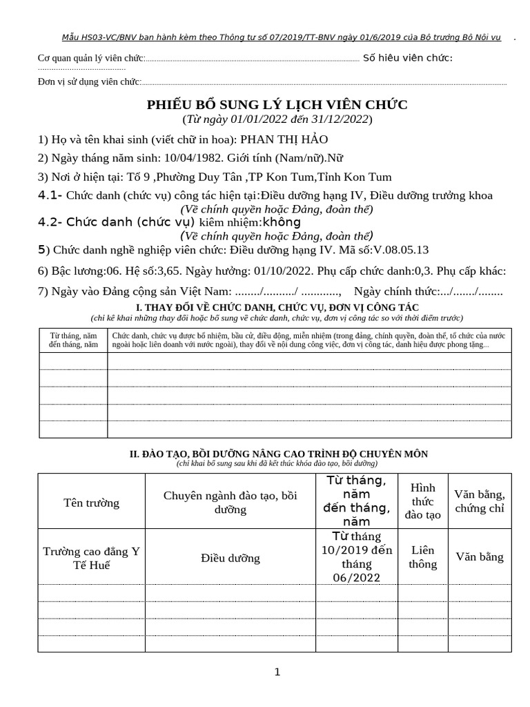 Mau Phieu Bo Sung Ly Lich Vien Chuc | PDF