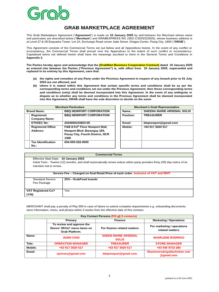 Grab Marketplace Agreement 2025 | PDF | Food Safety | Trademark