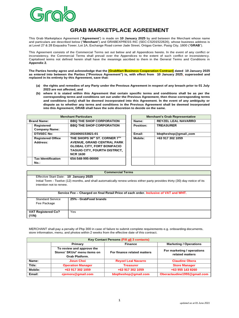 Grab Marketplace Agreement Overview | PDF | Food Safety | Trademark