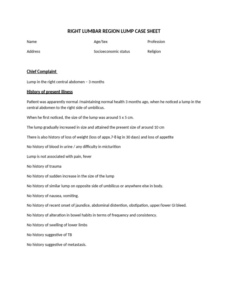 Right Lumbar Region Lump Case Study | PDF | Abdomen | Medical Specialties