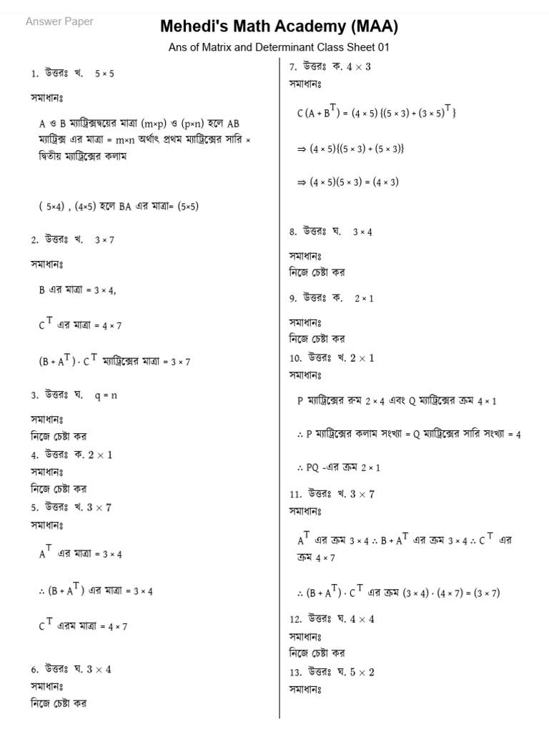 Matrix (Class Sheet 01) Ans | PDF