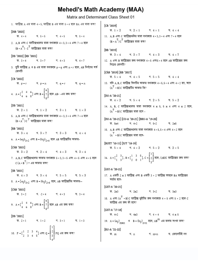 Matrix (Class Sheet 01) | PDF