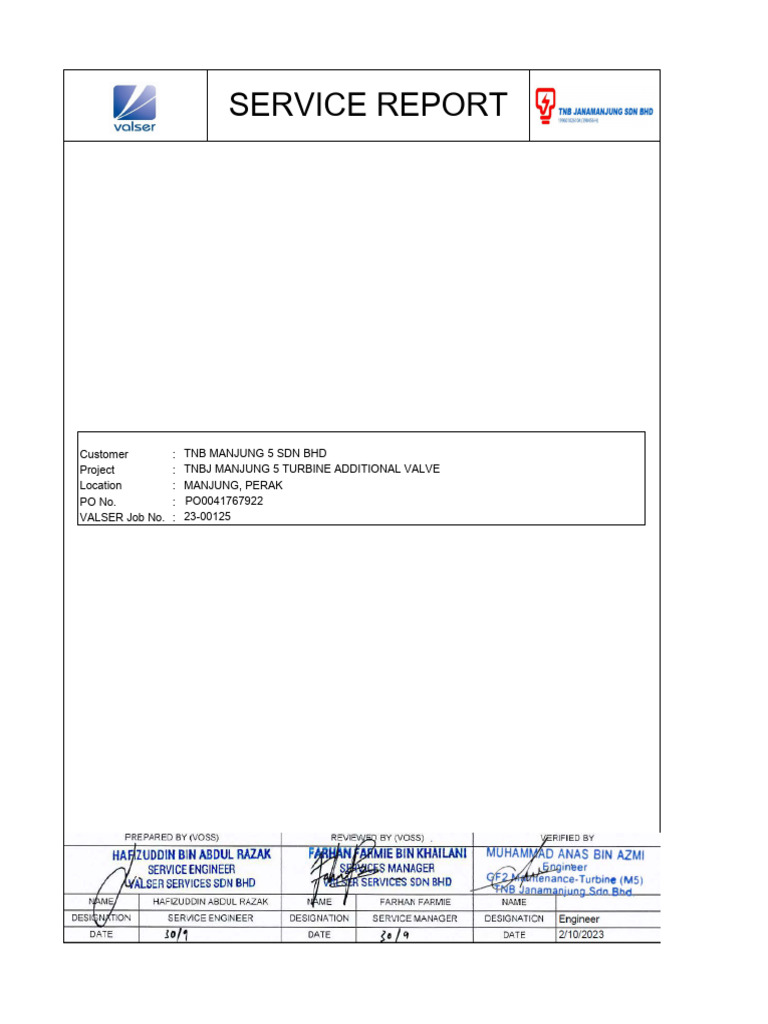 TNB Manjung 5 Valve Service Report | PDF | Valve | Actuator