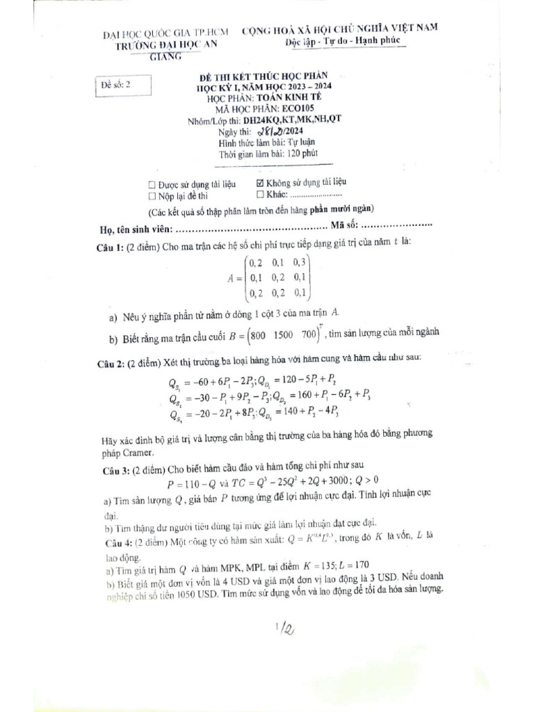 Toan kinh te CT HKI 2023-2024 gui SV | PDF
