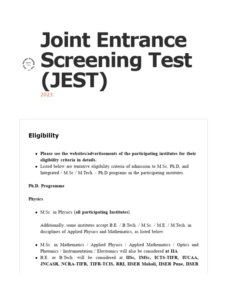 Eligibility - Joint Entrance Screening Test (JEST) | PDF | Physics ...