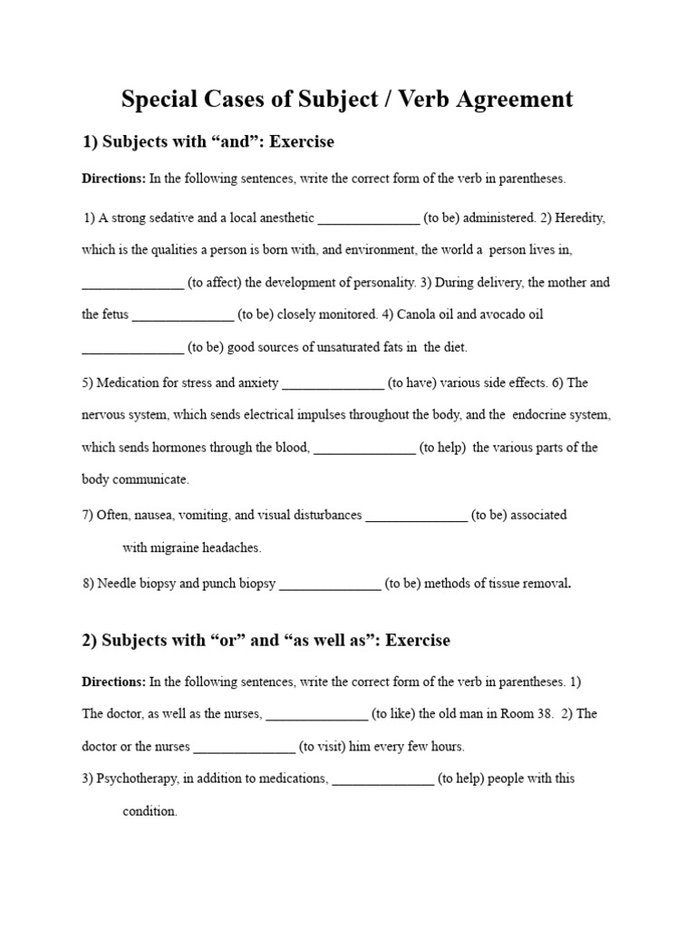 Subject-Verb Agreement - Special Cases - Handout 2 | PDF | Hearing Loss ...