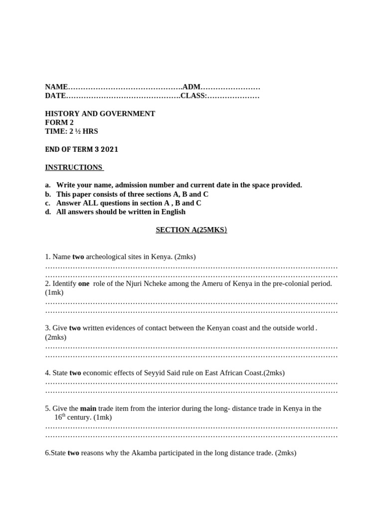 Hist QN F2 Term 3 Exam 2021 | PDF | Africa