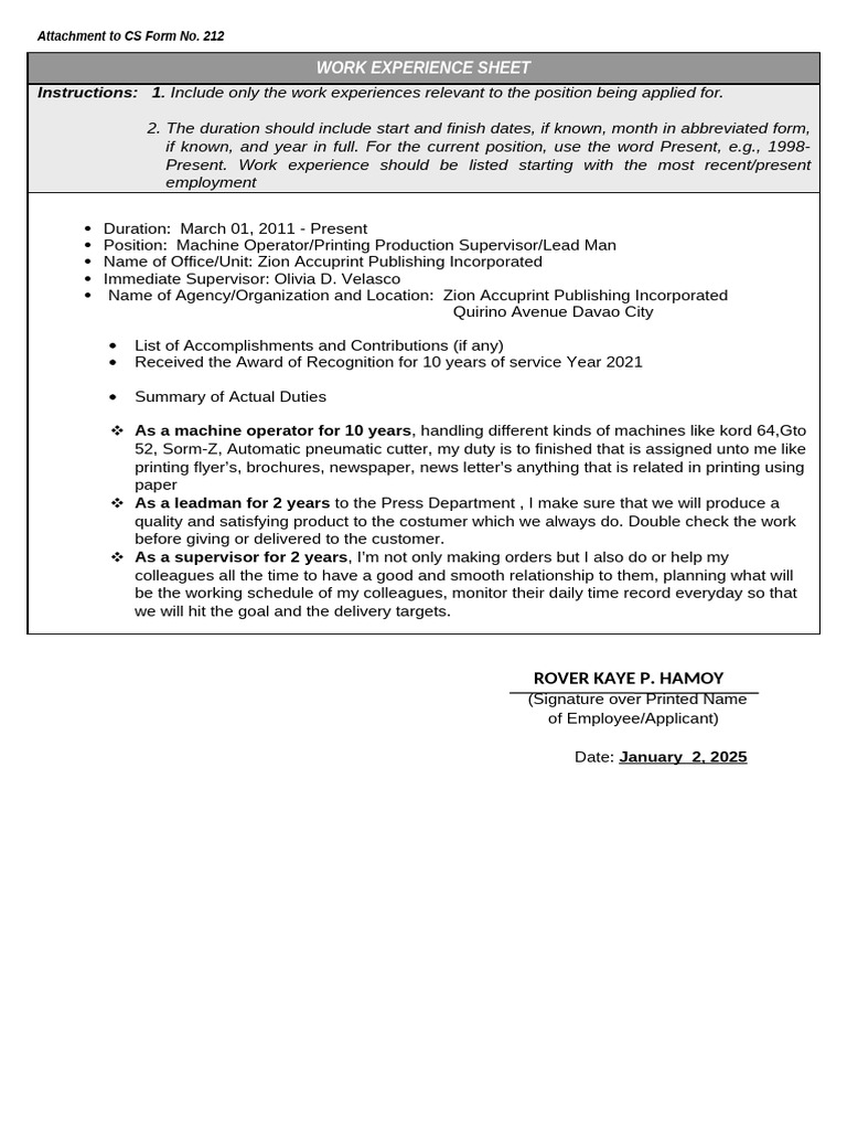 CS Form No 212 Attachment Work Experience Sheet 1 Rodel | PDF | Business