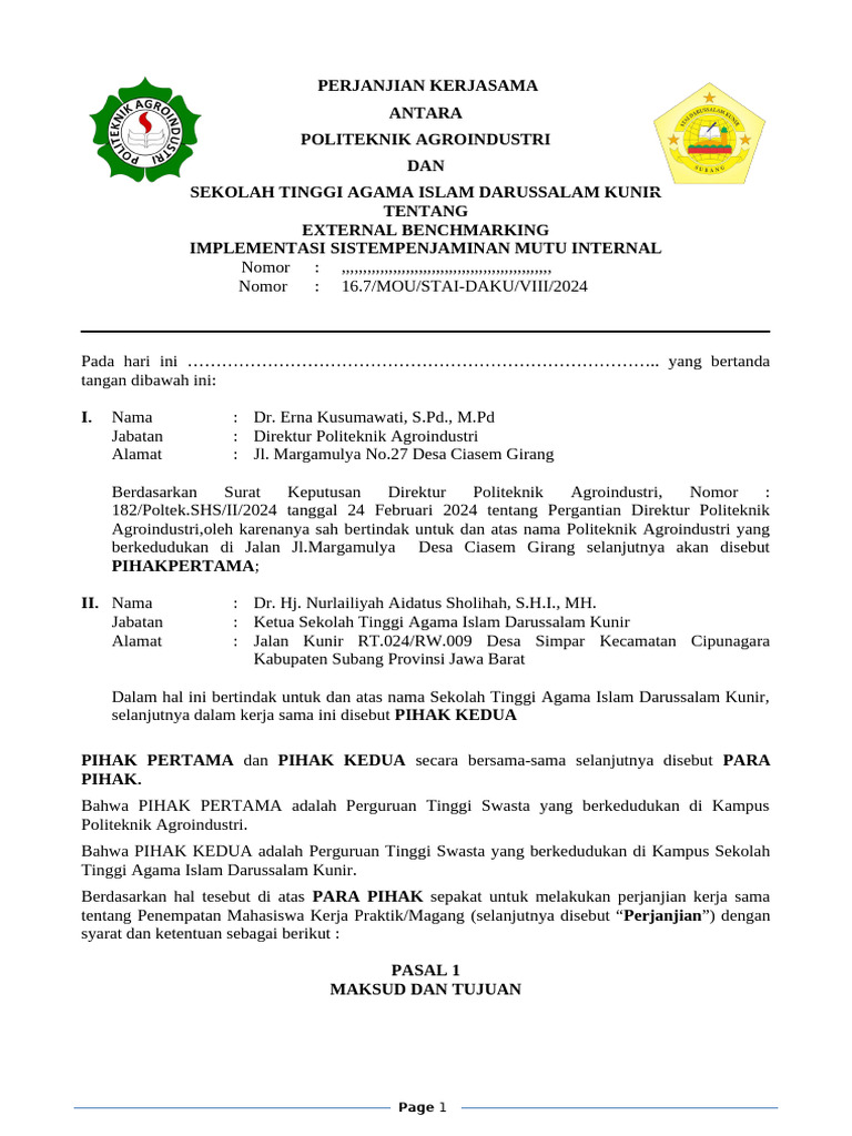 Kerjasama_Benchmarking POLITEKNIK AGROINDUSTRI & STAIDAKU | PDF