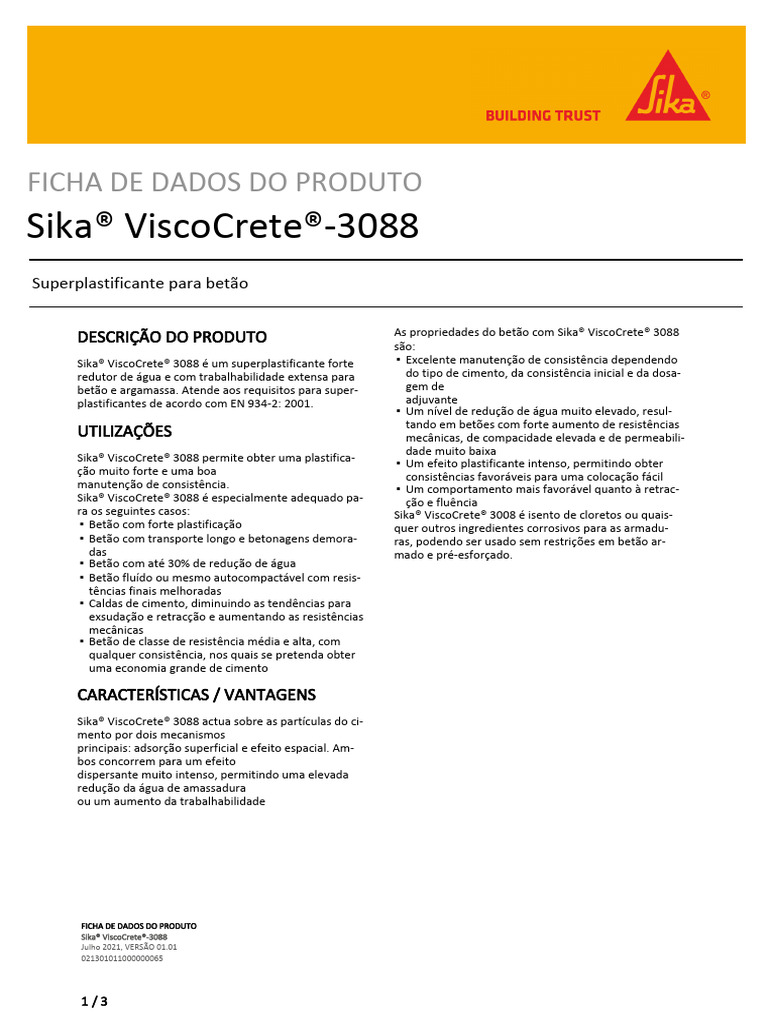 Sika Viscocrete 3088 | PDF | Concreto | Cimento