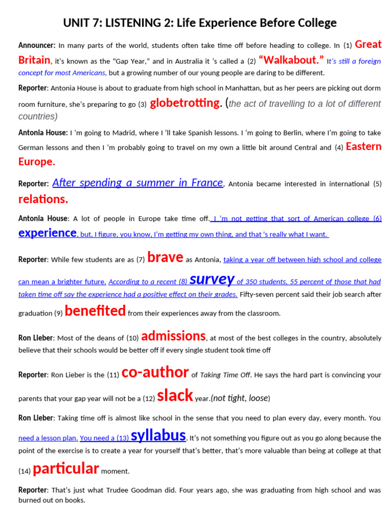 UNIT 7-LIS 2-Life Experience Before College- KEY | PDF