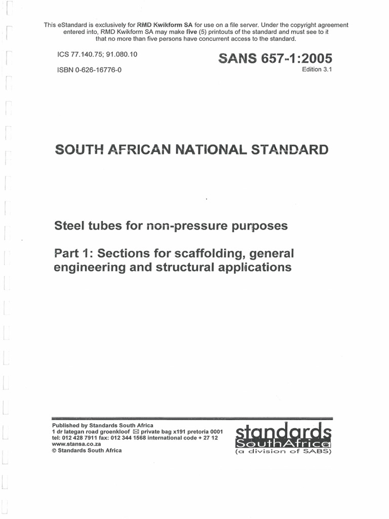 SANS 657-1.2005 Steel Tubes. Scaffolding | PDF