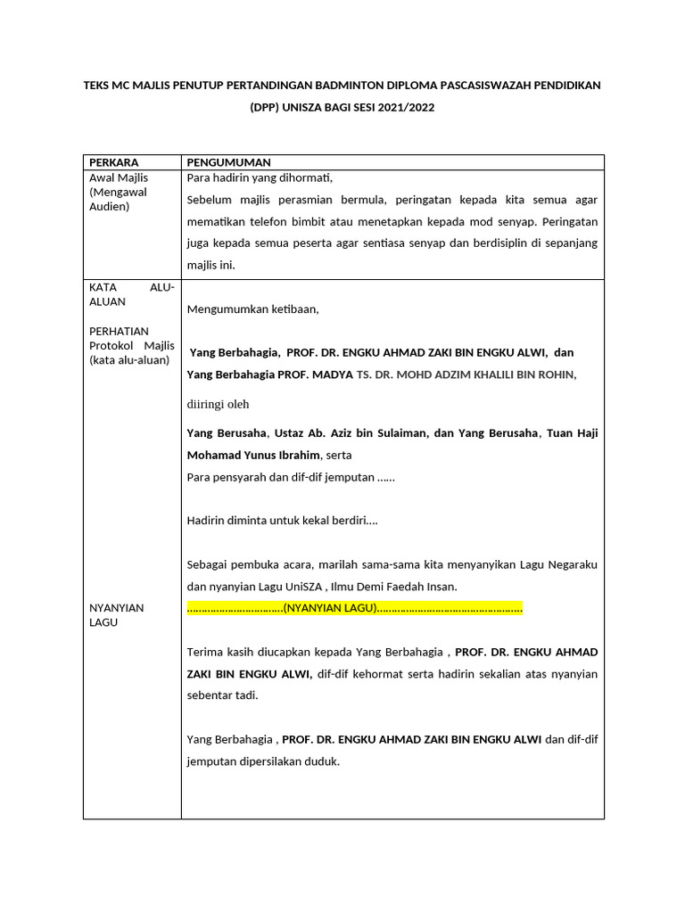 1-Teks MC Majlis Penutupan Program Sukan Badminton DPP Unisza 2022 | PDF