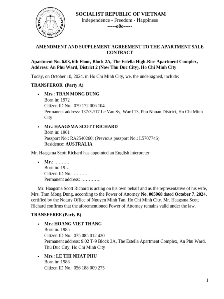 Amendment and Supplement Agreement To The Apartment Sale Contract | PDF ...