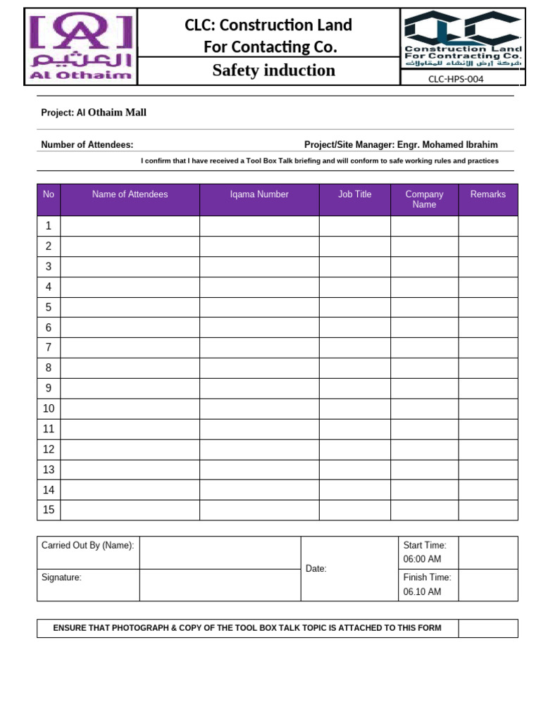 Safety Induction Checklist Ubaid | PDF