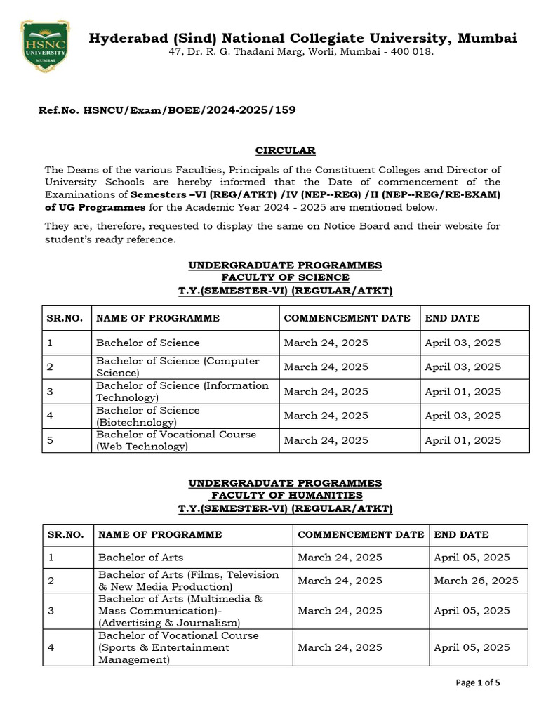 Circular No 159 - Commencement of Examination UG (REG-ATKT-RE-EXAM) - SEM VI-IV-II-2025-1 | PDF ...