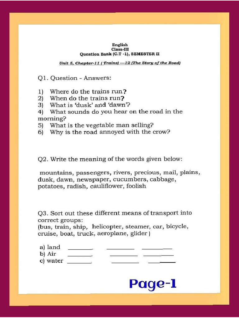 English Class 3 Sem 2 ct1 Question Bank | PDF