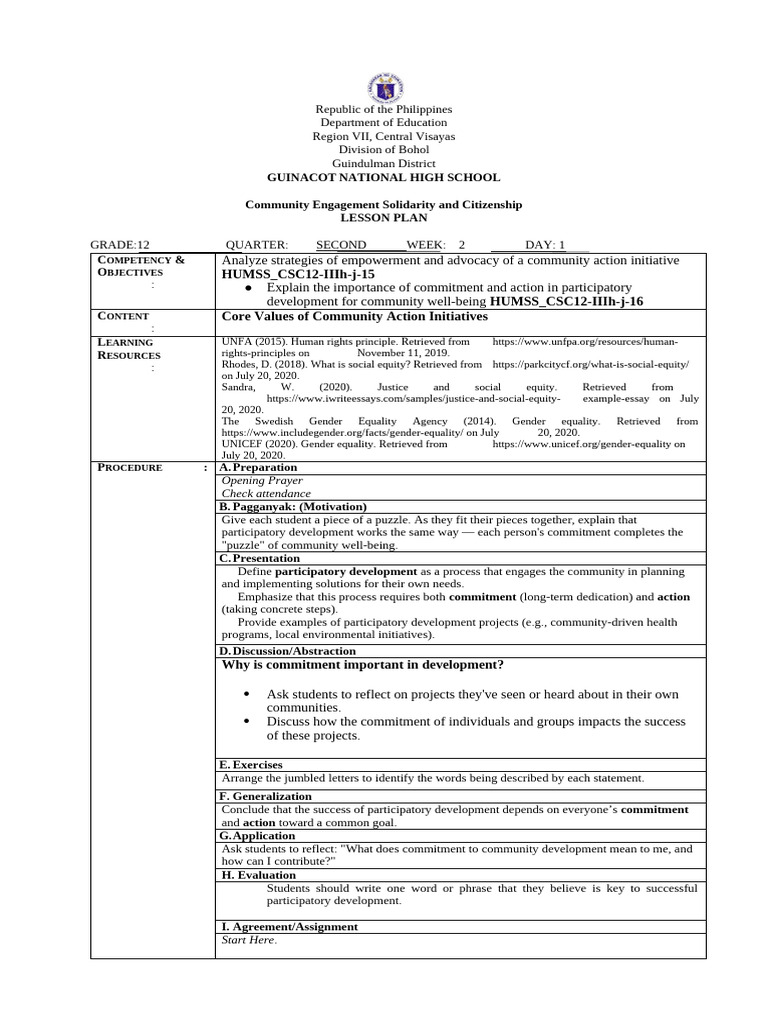 CESC_ PLP_Week 2 | PDF | Lesson Plan | Community
