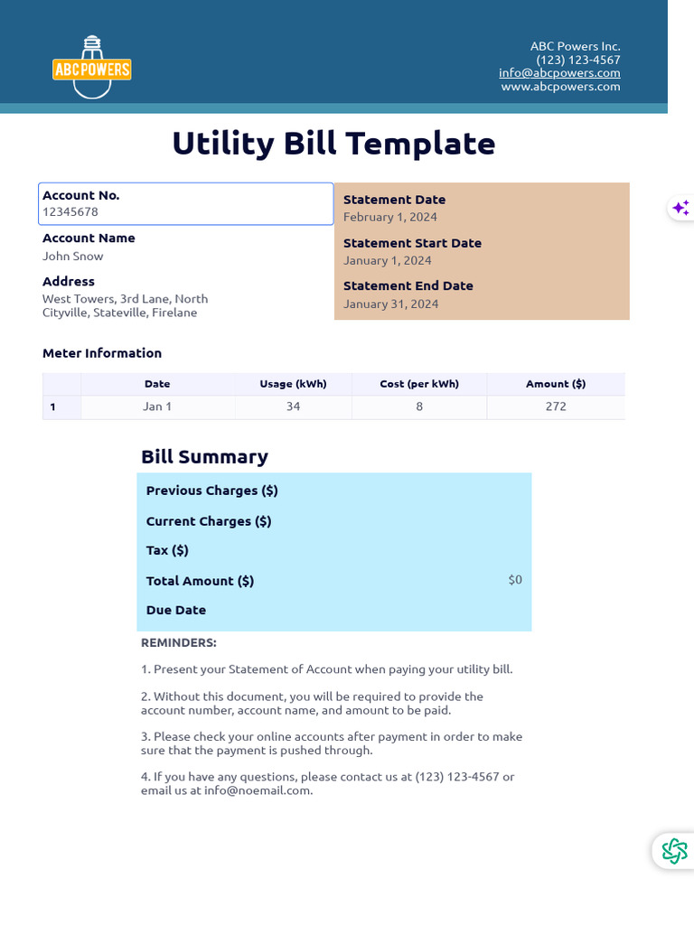 Utility Bill Template for Editing | PDF
