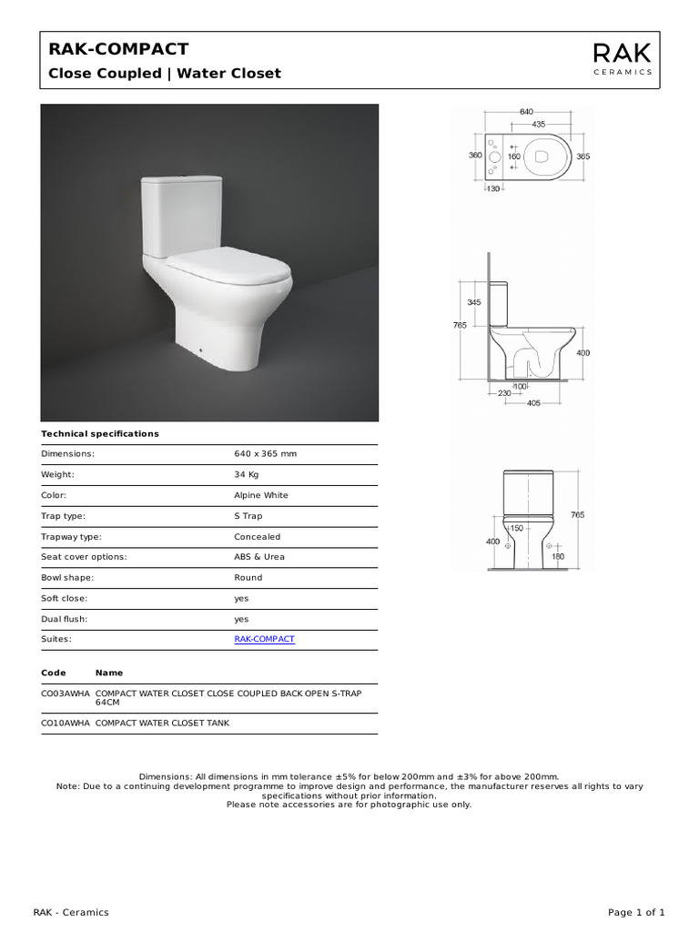 RAK Compact Water Closet Specifications | PDF