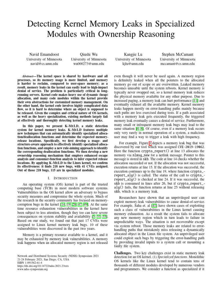 Detecting Kernel Memory Leaks | PDF | Pointer (Computer Programming) | Kernel (Operating System)