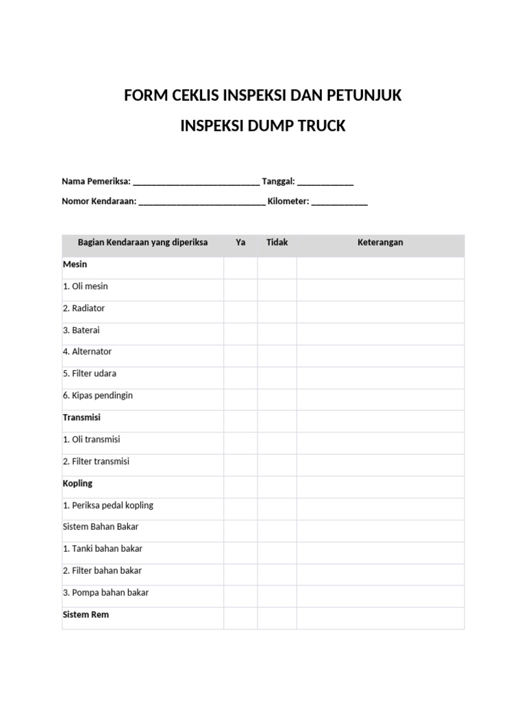 Form Ceklis Inspeksi Dump Truck | PDF