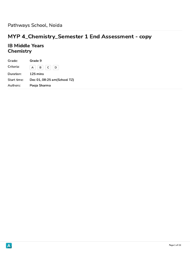 MYP 4 - Chemistry - Semester 1 End Assessment - Copy (PKYV6M) | PDF ...